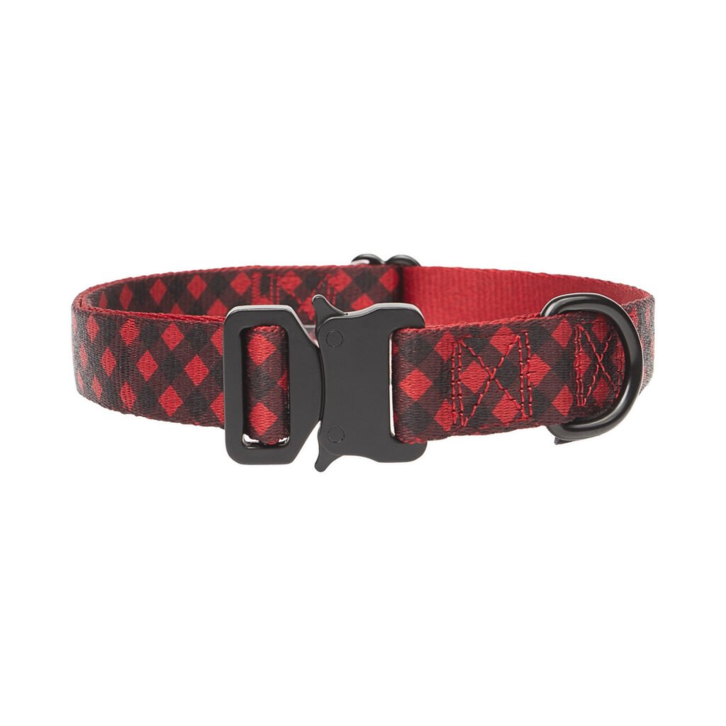 Printed Webbing Dog Collar with Metal Buckle – Stripe Navy or Plaid Red ...